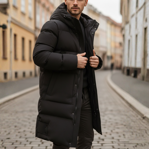 Long Padded Down Jacket For Men With Winter Hood Ultra Warm Insulated ...