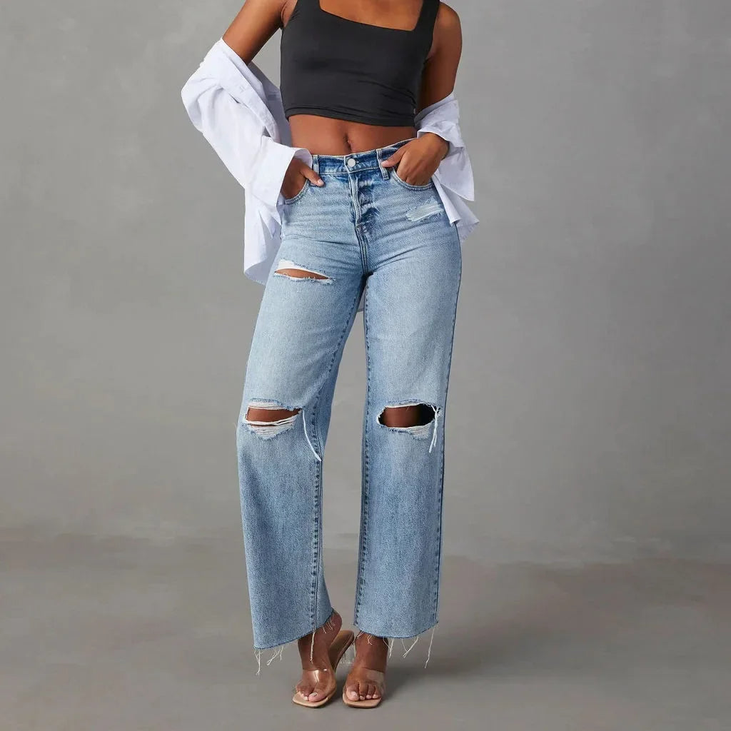 Savona Distressed Light Wash Jeans High Waisted Wide Leg For Everyday ...