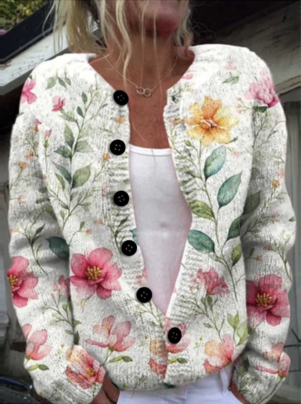 Womens Button Front Knit Cardigan With Floral Pattern And Ribbed Trim ...