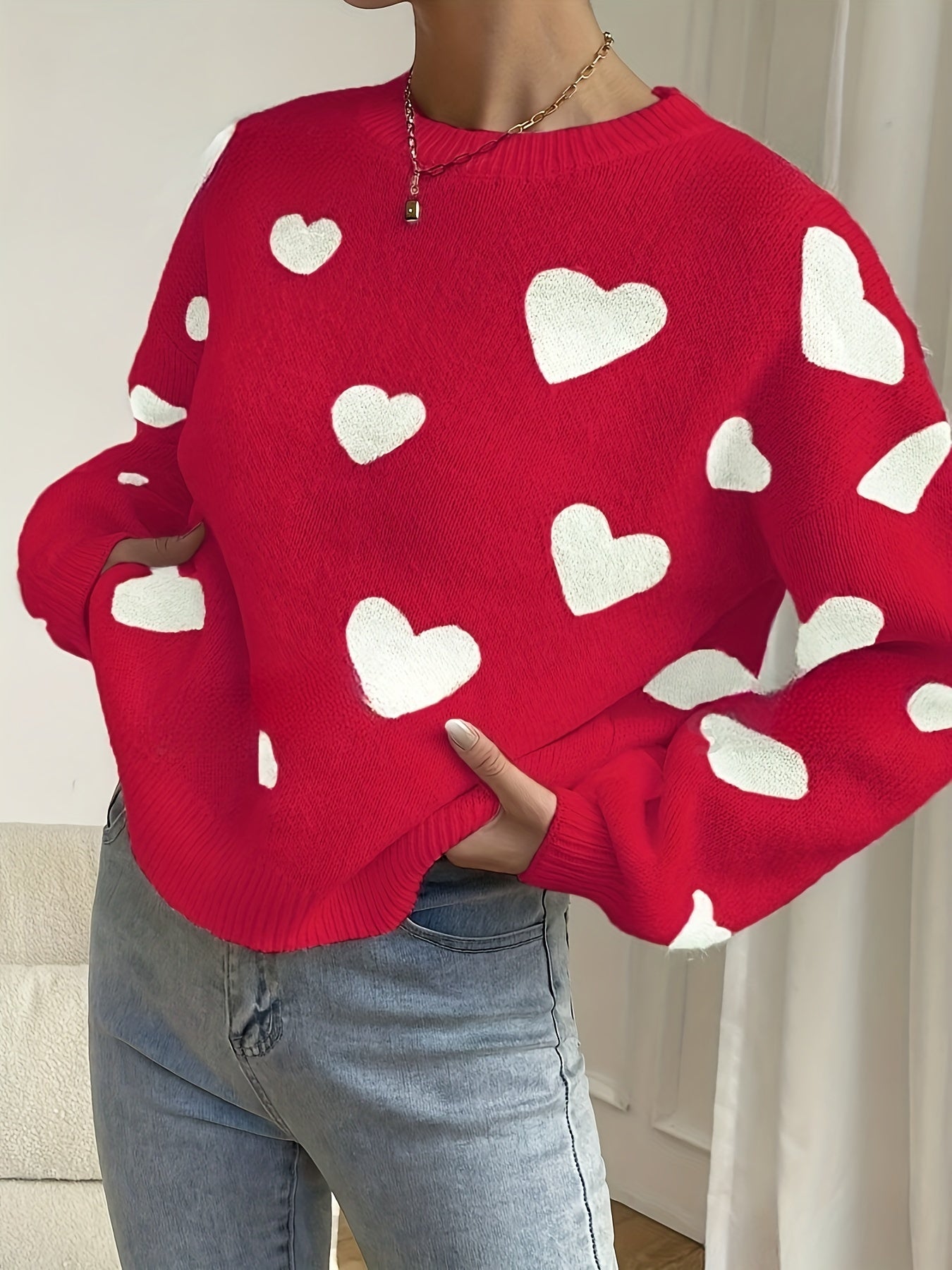 Alva Cozy Knit Sweater With Playful Heart Design For Women Warm And St ...