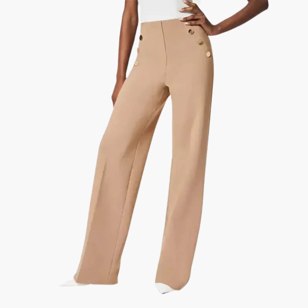 Women High-Waisted Wide-Leg Pants With Decorative Gold Buttons For Ele ...