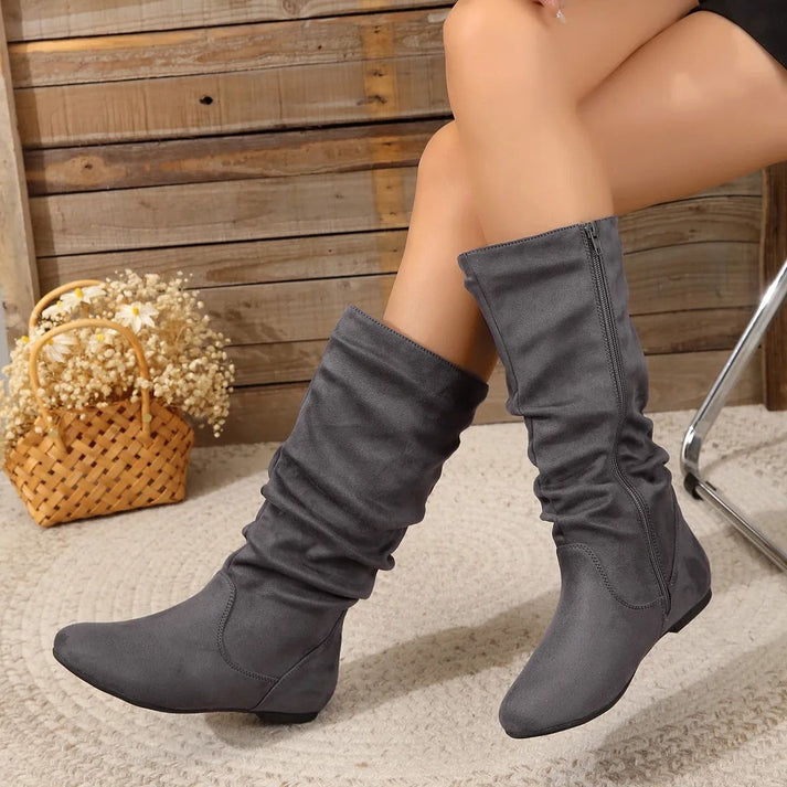 Women Mid Calf Slouch Boots Flat Sole Side Zip For All Day Comfort And ...