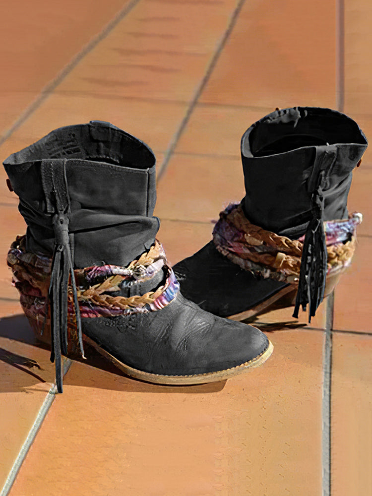 Tassel Ankle Boots For Women Vintage Western Style Braided Tassel High ...