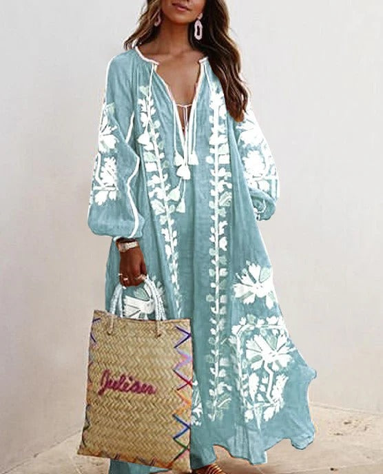 Women's Kaftan Dress Floral Embroidery Flowy Fit Breathable Cotton Urb ...